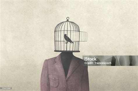 그의 머리 위에 열린 새장을 가진 남자의 그림 비행 개념에 대한 두려움 사람 뇌에 대한 스톡 벡터 아트 및 기타 이미지 사람