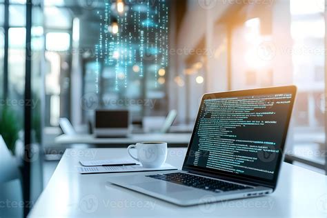 Modern Workplace Showing Programming Code On Laptop Screen With Falling Digital Rain 66076353