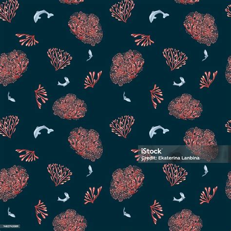 바다 식물의 매끄러운 패턴 검은 배경에 분리된 산호 수채화 핑크 한천 한천 해초와 물고기 손으로 그렸다 패키지 섬유 종이 포장 해양 컬렉션을 위한 디자인 요소 0명에 대한