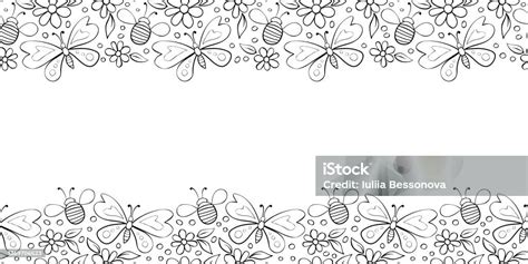 벡터 귀여운 테두리 나비 꿀벌과 낙서 스타일의 꽃의 프레임 수평 상단 및 하단 테두리 장식 휴일을위한 원활한 패턴 자연 디자인 봄 여름 어린이 나비에 대한 스톡 벡터 아트