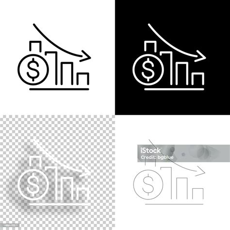 달러 환율 하락 차트 디자인 아이콘입니다 빈 흰색 및 검은색 배경 선 아이콘 막대 그래프에 대한 스톡 벡터 아트 및 기타 이미지
