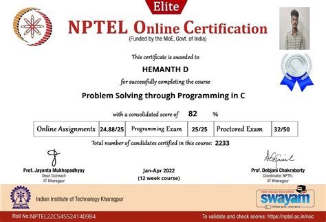 Hemanth Dhanamadhavan On Linkedin Cprogramming Certification Nptel
