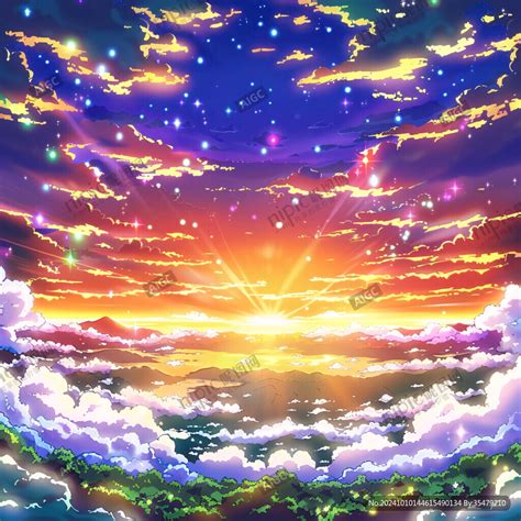 Ai创作图动漫天空图片 天空动漫背景 梦幻天空壁纸场景布置 二次元天空 动漫天空 动漫云素材 动漫天空云彩 星空天顶画 动漫云朵天空 云顶观日