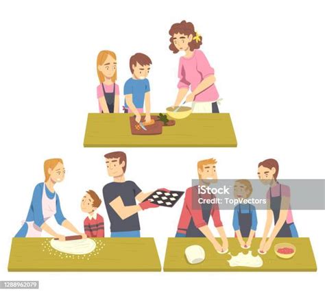 부엌 세트에서 요리 하는 행복 한 가족 부모는 자녀와 함께 시간을 보내고 함께 요리 만화 스타일 벡터 일러스트 독일에 대한 스톡 벡터 아트 및 기타 이미지 Istock
