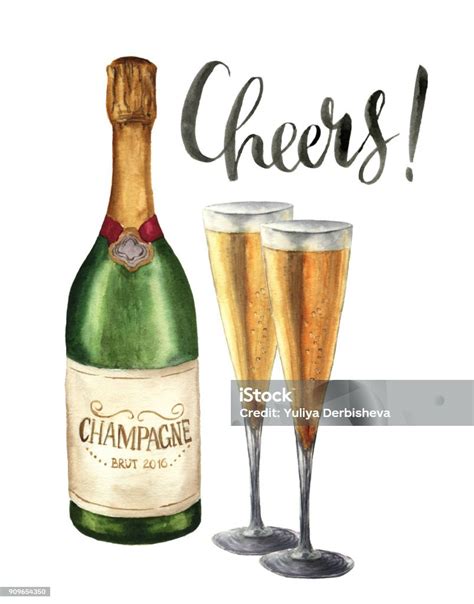 샴페인 와인잔과 건배 레터링의 수채화 병 스파클링 와인 안경 흰색 배경에 고립의 병 디자인 인쇄에 대 한 파티 그림 또는 배경입니다 샴페인 와인에 대한 스톡 벡터 아트 및