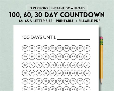 100 Days Countdown Printable Template For Christmas Vacation Wedding