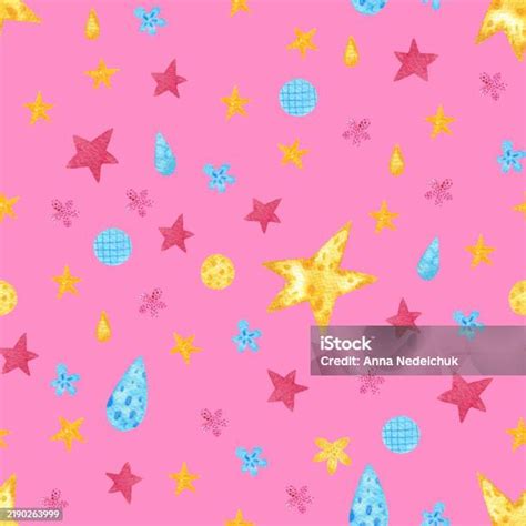 작은 노란색과 분홍색 별이 있는 어린이의 밝은 추상 패턴 수채화 그림 소녀를 위한 어린이 패턴 핑크 직물 섬유 잠옷 린넨 벽지 배경에 좋습니다 0명에 대한 스톡 벡터 아트