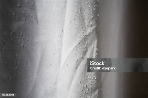 물 방울 흰색 배경에 증기 샤워 빛과 그림자 욕실 개념젖은 흰색 주름 샤워 커튼 화장실 건축물에 대한 스톡 사진 및 기타 이미지 화장실 건축물 가정의 방 건조한