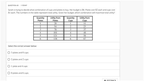 Solved Question 43 1 Point Sarah Is Trying To Decide What
