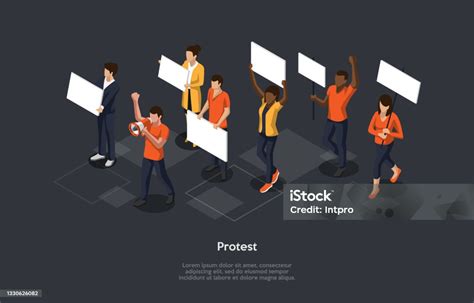 어두운 배경에 대한 등색 구성 만화 스타일의 벡터 3d 일러스트레이션 항의 개념 배너를 걷는 사람들의 그룹 표지판을 보여주는