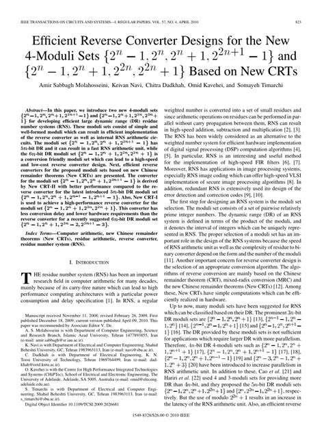 Pdf Efficient Reverse Converter Designs For The New 4 Moduli Sets And Based On New Crts
