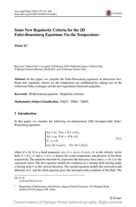 Some New Regularity Criteria For The 2d Euler Boussinesq Equations Via The Temperature Request Pdf