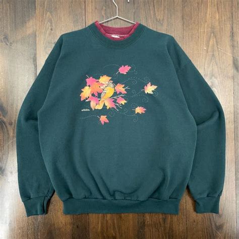 Vintage 1990s Fall Leaf Leaves Birf Autumn Crewneck M Gem