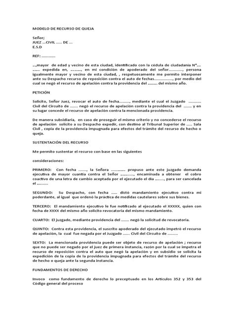 Modelo De Recurso De Queja Pdf Apelación Demanda Judicial