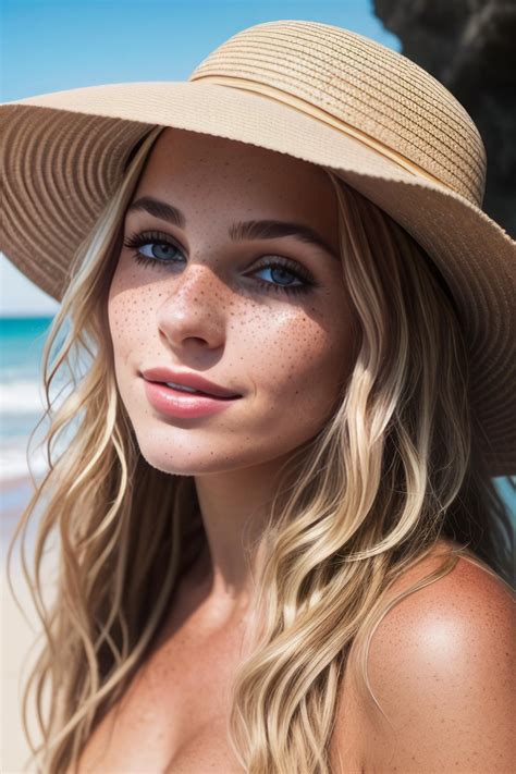 A Woman Wearing A Hat On The Beach With A Blue Sky In The Background