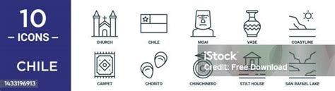 칠레 개요 아이콘 세트는 얇은 라인 교회 모아이 해안선 쵸 리토 죽마 집 산 라파엘 호수 보고서 프리젠 테이션 다이어그램 웹