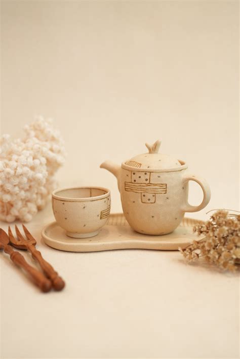 Chiho Yoshida 穗屋工房 Tea Pot Line And Stars Cy17 Yochi Cups