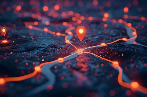 Digital Map With Neon Location Pins On Dark Canvas Concept Neon Pins Dark Canvas Digital Map