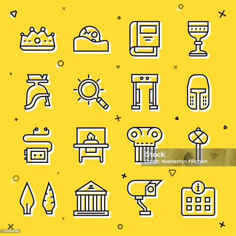 세트 라인 정보 석기 시대 망치 중세 철 헬멧 역사 책 돋보기 로마 군대 왕의 왕관 및 금속 탐지기 아이콘 벡터 건축에 대한 스톡 벡터 아트 및 기타 이미지 Istock