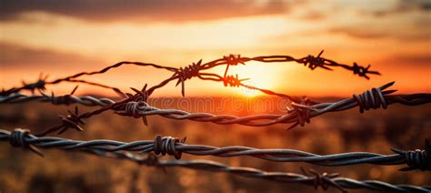 Barbed Wire Against A Stunning Sunset In A Rural Landscape During