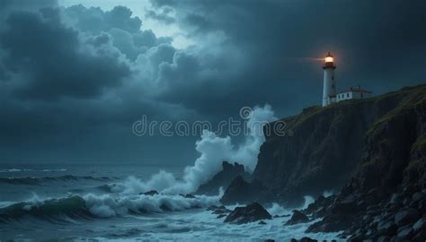Lighthouse On A Stormy Coast At Night Stock Illustration Illustration