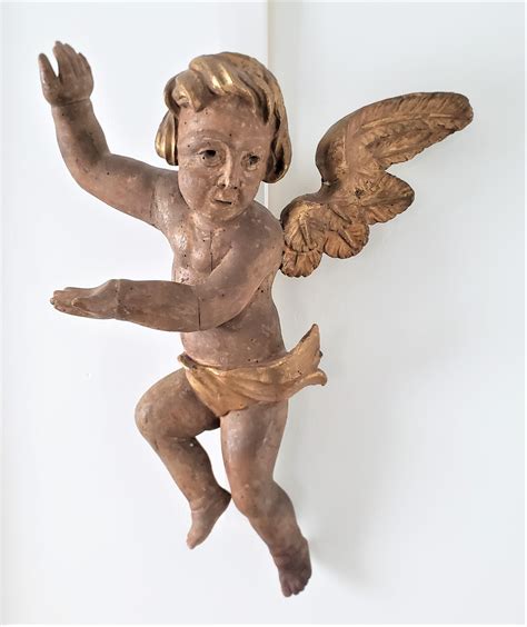 Large Antique Hand Carved Wooden Cherub Architectural Element Or Wall