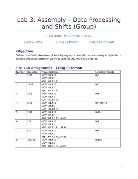 Lab 3 Assembly Lab 3 Assembly Data Processing And Shifts Group Elen 4486 Microcomputers