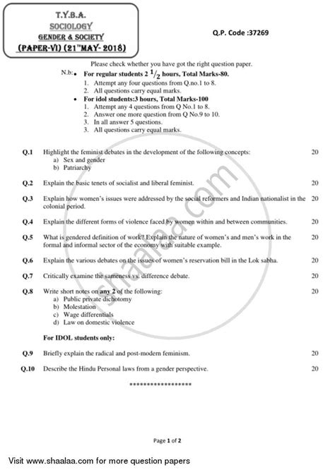 Gender And Society 2017 2018 BA Sociology IDOL Correspondence 3rd Year TYBA 2 Question
