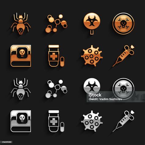 세트 해독제 뼈와 두개골 주사기 박테리아 독극물에 관한 책 생물학적 위험 기호 유독 거미 및 화학식 아이콘 벡터 건강 진단에