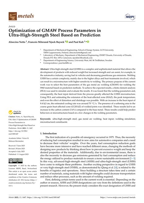 Pdf Optimization Of Gmaw Process Parameters In Ultra High Strength Steel Based On Prediction