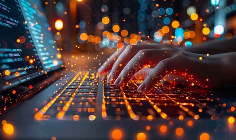 Female Tech Programmer Coding Laptop Global Internet Network Data Processing Cloud Computing