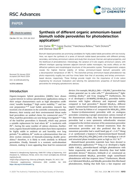 Pdf Synthesis Of Different Organic Ammonium Based Bismuth Iodide