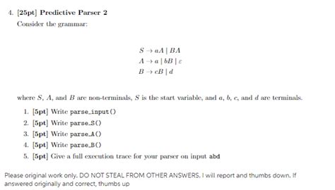 Solved 4 25pt Predictive Parser 2 Consider The Grammar