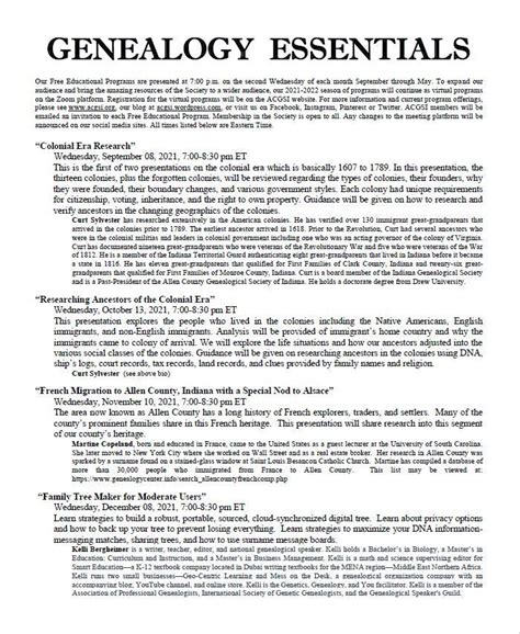 Free Virtual Genealogy Programs Allen County Genealogical Society Of