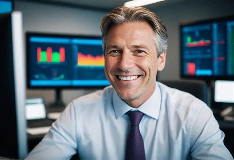 Premium Photo A Man Smiling In Front Of A Computer Screen With A Large Screen Behind Him