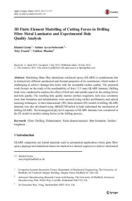 Pdf 3d Finite Element Modelling Of Cutting Forces In Drilling Fibre