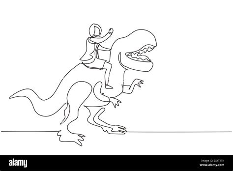 Single Continuous Line Drawing Brave Businesswoman Riding Huge