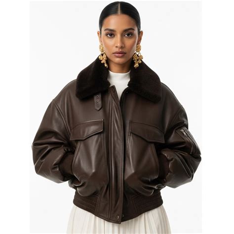 Womens Lambskin Leather Bomber Jacket Brown Genuine Leather With Fur