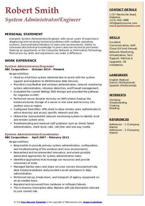 System Administrator Resume Samples Templates For