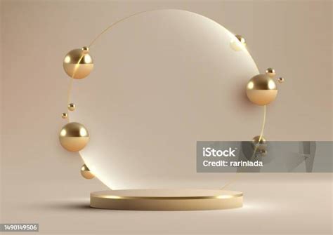 베이지색 배경에 투명한 유리 원형 장식 금 공이 있는 3d 현실적인 럭셔리 스타일의 황금 연단 플랫폼 3차원 형태에 대한 스톡 벡터 아트 및 기타 이미지 Istock