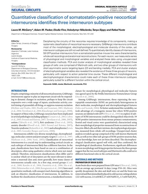 Pdf Quantitative Classification Of Somatostatin Positive Neocortical Interneurons Identifies