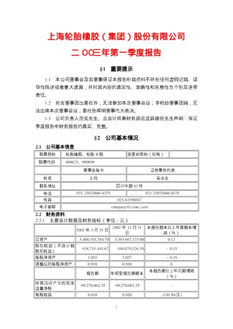 华谊集团：轮胎橡胶2003年第一季度报告