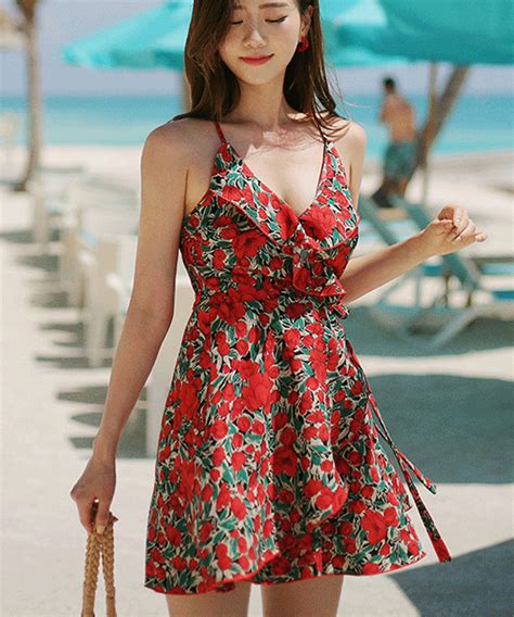 수요일엔 빨간장미를 원피스 민소매 나시끈 브이넥 프릴 리본 비치웨어 비치원피스 에이블리