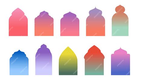 동양 스타일 이슬람 아치 보호 디자인 다양한 그라디언트 모양 아랍 장식 프레임 아랍 실루 아라베스크 트렌디 한계 현대 라마단 카림 이드 무바라크 현대 터 세트 프리미엄 벡터