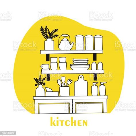 기구와 다양한 가정 장식 주방 선반 요리에 대한 항목의 편리함과 배열 라인 아트 핸드 드로잉 벡터 일러스트레이션 가구에 대한 스톡 벡터 아트 및 기타 이미지 Istock
