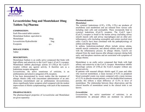 Levocetirizine 5mg And Montelukast 10mg Tablets Taj Pharma Pdf