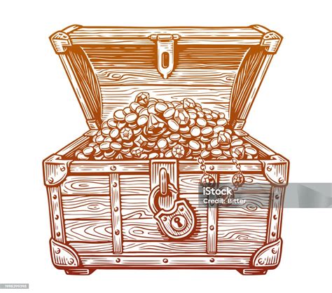 금화와 보석으로 가득 찬 보물 상자를 엽니다 빈티지 스케치 벡터 일러스트 레이 션 보석함에 대한 스톡 벡터 아트 및 기타 이미지 보석함 고대 유물 상자 Istock