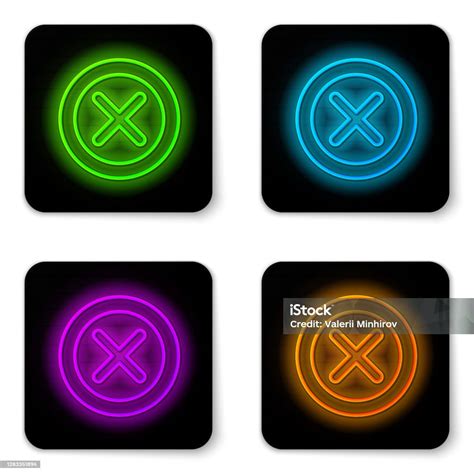 빛나는 네온 라인 X 마크 흰색 배경에 격리 된 원 아이콘의 십자가 교차 표시 아이콘을 확인합니다 검은 색 사각형 버튼 벡터