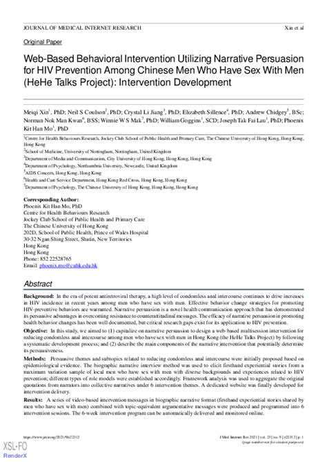 Pdf Web Based Behavioral Intervention Utilizing Narrative Persuasion For Hiv Prevention Among