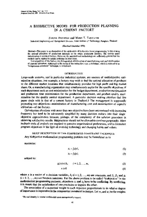 Pdf A Biobjective Model For Production Planning In A Cement Factory